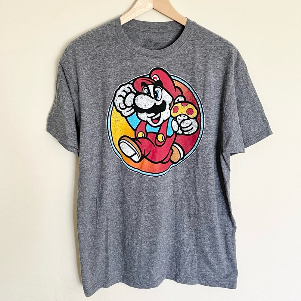 Super Mario Bros. Distressed Mario With Mushroom Gray… - Gem